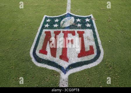 An overhead view of he NFL shield logo painted on the playing surface ...