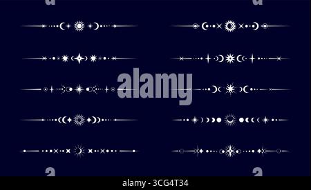 Esoteric mystic celestial divider borders, magic celestial vector set. Fantasy golden lines with ...