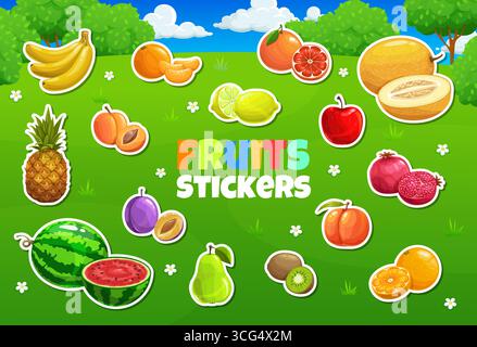 Fruit labels, tropical garden berry and green leaves. Pineapple, mango ...