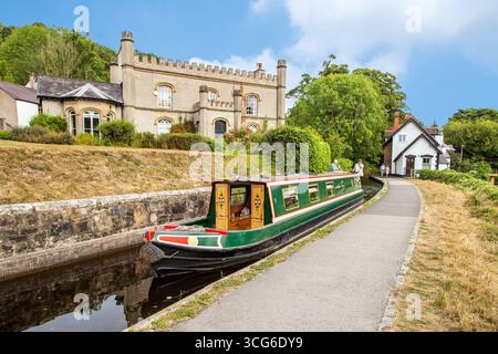 Colourful green narrowboat on the Llangollen branch of the Shropshire ...