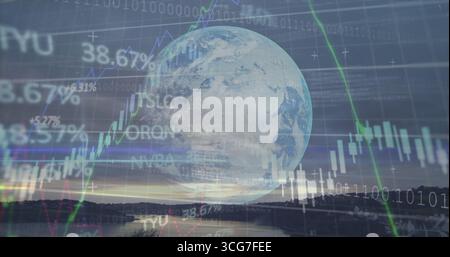 Displaying Earth globe overlaying candlestick charts and line graphs in ...