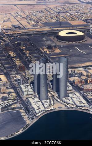 Aerial view of the Lusail towers and Lusail stadium in Lusail, Qatar ...