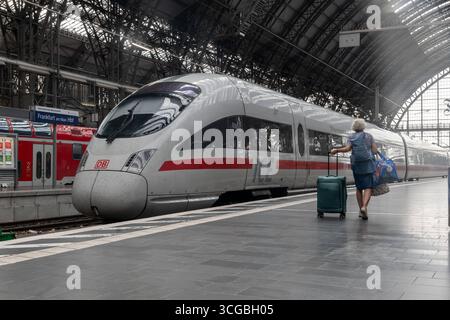 ICE-Zug im Frankfurter Hauptbahnhof vor historischer Bahnhofshalle 30. ...