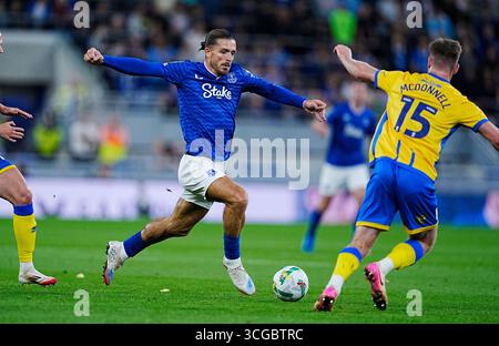 Everton's Jack Grealish (second left) celebrates after scoring his ...