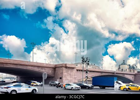 Police post at the Bolshoi Moskvoretsky Bridge near the Moscow Kremlin ...