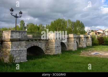 Stone bridge with multiple arches and lampposts crossing a river in a ...