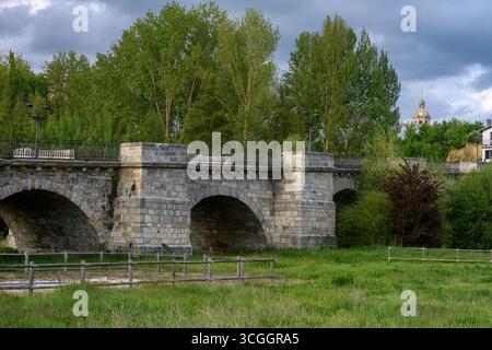 Stone bridge with multiple arches and lampposts crossing a river in a ...