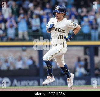 Milwaukee Brewers' Sal Frelick runs to first base during a baseball ...