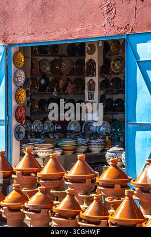 Tagine pots displayed in the souk (traditional marketplace) in Meknes ...