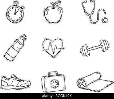 Hand drawn fitness training set doodle vector illustration background ...