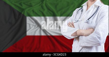 Female doctor on Kuwait flag. Doctor with crossed arms on Kuwait flag ...