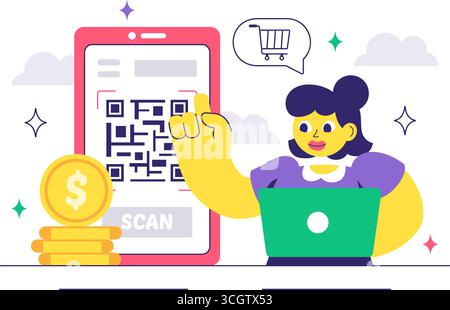 Mobile Payment Vector Illustration featuring Smartphone QR Code ...