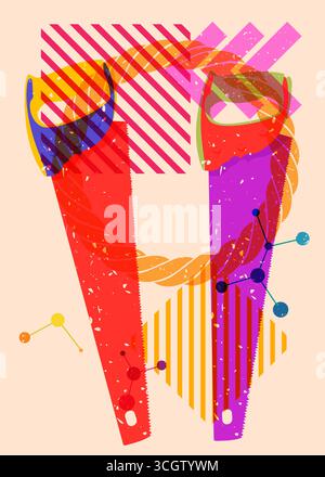 Risograph Hand Saw with geometric shapes. Objects in trendy riso graph ...