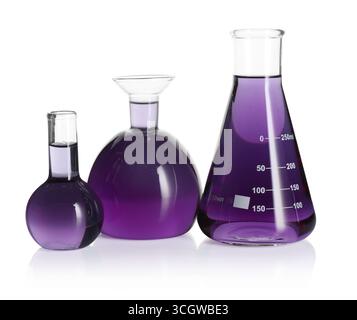 Laboratory glassware with violet liquid isolated on white Stock Photo ...