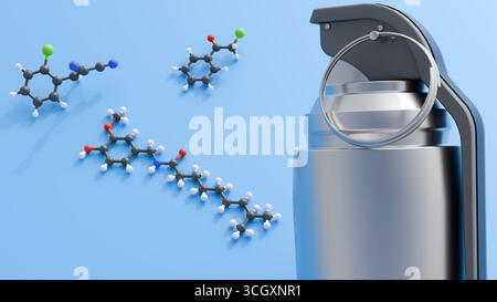 A 3d rendering of polished metallic tear gas canister and several 3D ...