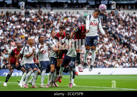 Pedro Porro Of Tottenham Hotspur heads the ball during the Newcastle ...