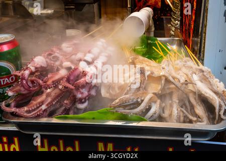 Seafood, octopus, squid, chilled with dry ice, Old Town, Tianzifang ...
