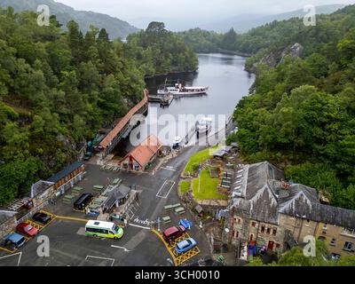 Aerial drone view of the Trossachs Pier and Loch Katrine, Trossachs ...