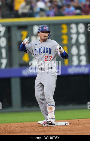 Chicago Cubs' Seiya Suzuki hits a double during the eighth inning of a ...