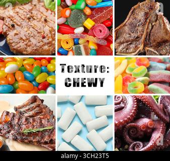 Food with chewy texture. Dishes, gum and candies, collage Stock Photo ...