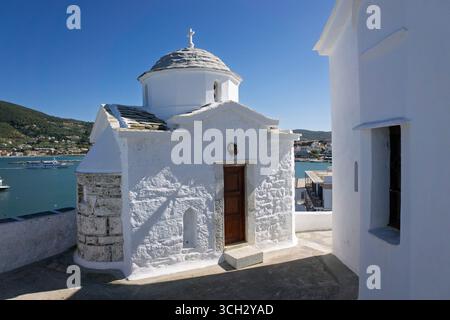 Church of the Virgin Mary at Skopelos harbour side. Sopelos is a Greek ...
