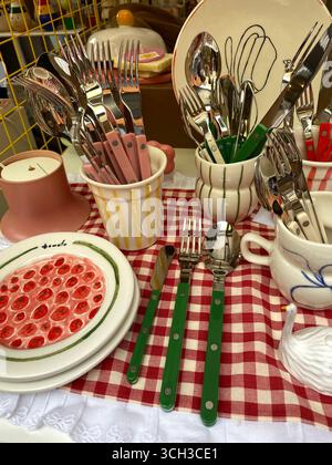 checkered plates and cutlery on table. still life table setting ...
