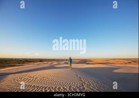 Hiker among sand dunes in the desert Stock Photo - Alamy