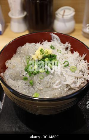 Japanese cuisine: raw whitebait and boiled whitebait rice bowl in ...