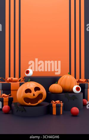 Halloween pumpkin, podium with gift box on white background. Abstract ...