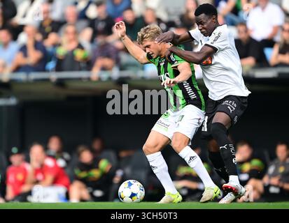 BK Hacken's John Paul Dembe (left) and Shelbourne FC's Kerr McInroy ...