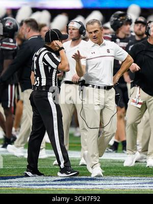 South Carolina head coach Shane Beamer looks up at the scoreboard ...