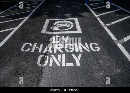 Pavement markings and EV charging station at a car dealer ship Stock ...