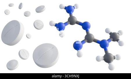 A 3d rendering of metformin, physical form as pills and its molecular ...