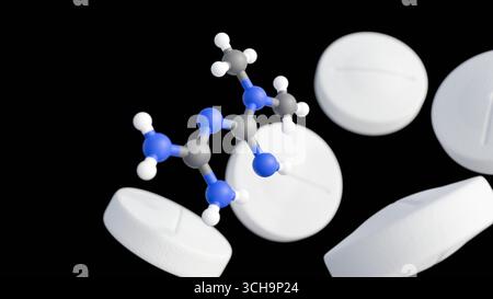 A 3d rendering of metformin, physical form as pills and its molecular ...