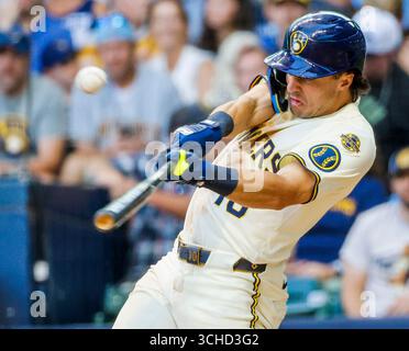 Milwaukee Brewers' Sal Frelick hits an RBI double during the ninth ...