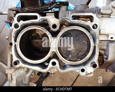 Car engine without cylinder head. Repair of the internal combustion ...