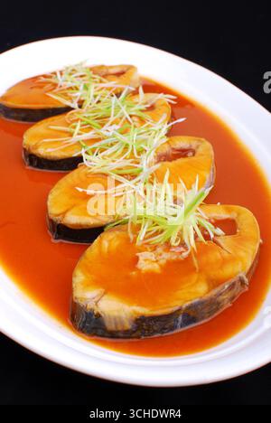 Soy-Braised Spanish Mackerel Steaks on Long Platter, Overhead Stock ...
