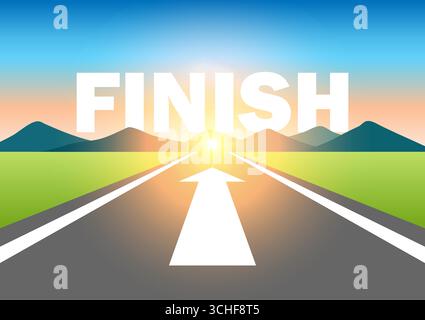 Finish. Finish written on asphalt road at Beautiful Sunrise and ...