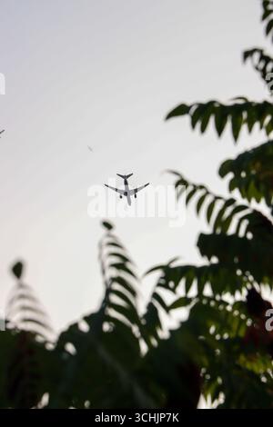 Airplane captured from below flying overhead in a blue sky with ...