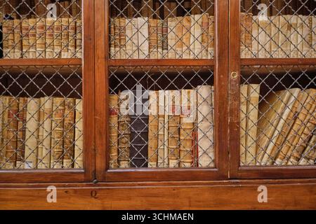 The large, classic, iconic, wood, traditional bookcases of the library ...