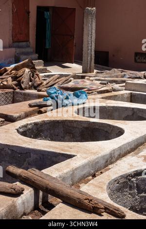 Typical leather tannerie in Marrakesh, Morocco with vats for tanning ...