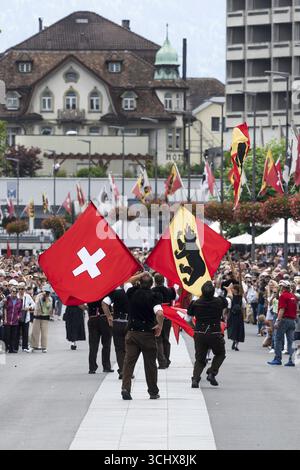 Swiss and Bernese flag wavers, Interlaken, Switzerland Stock Photo - Alamy
