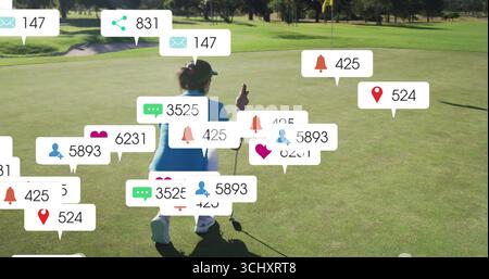 Putting woman golfer aligning putter behind ball near shoe on green ...