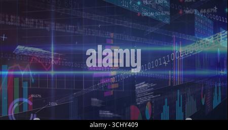 Colored line charts and alphanumeric data streaming through server rack ...