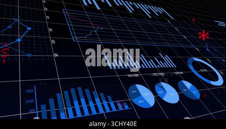 Colored line charts and alphanumeric data streaming through server rack ...