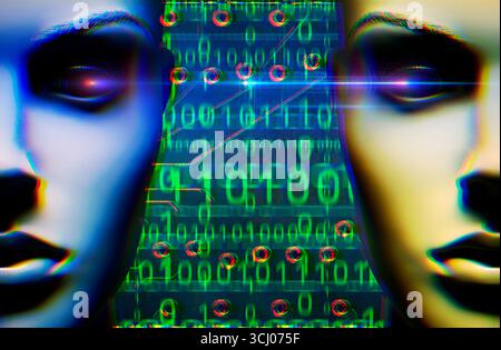 FOTOMONTAGE, Frauenfigur mit Binärcode, Symbolfoto künstliche ...