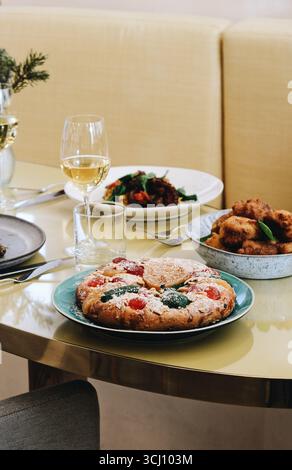 Traditional New Years feast. Decorated table with different kinds of ...