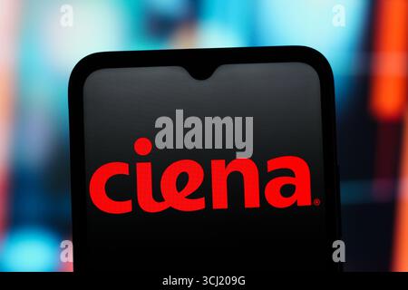 In this photo illustration the Ciena logo is seen on a smartphone and a ...
