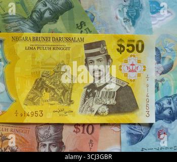 Examples of Brunei dollar notes, equivalent to Singapore dollars Stock ...