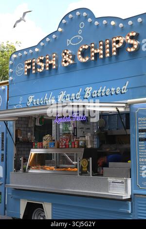 Fish and chips food stall, Southbank, London, England Stock Photo - Alamy